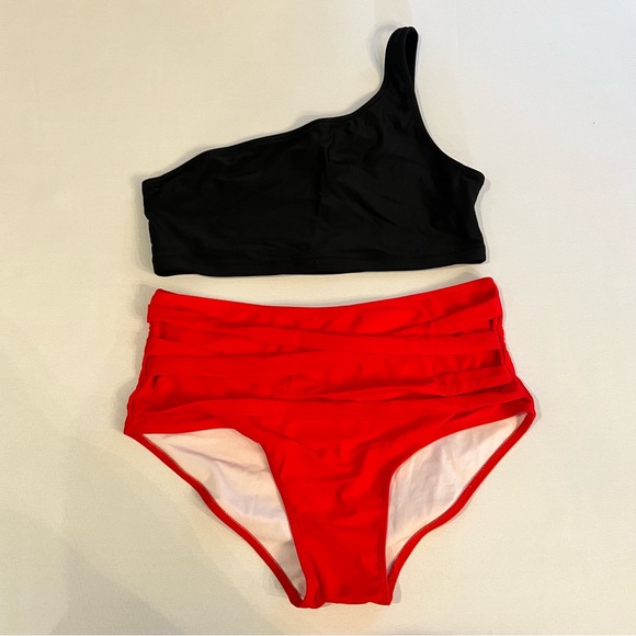 Swim | One Shoulder Two Piece Bathing Suit Redblack Size L | Poshmark